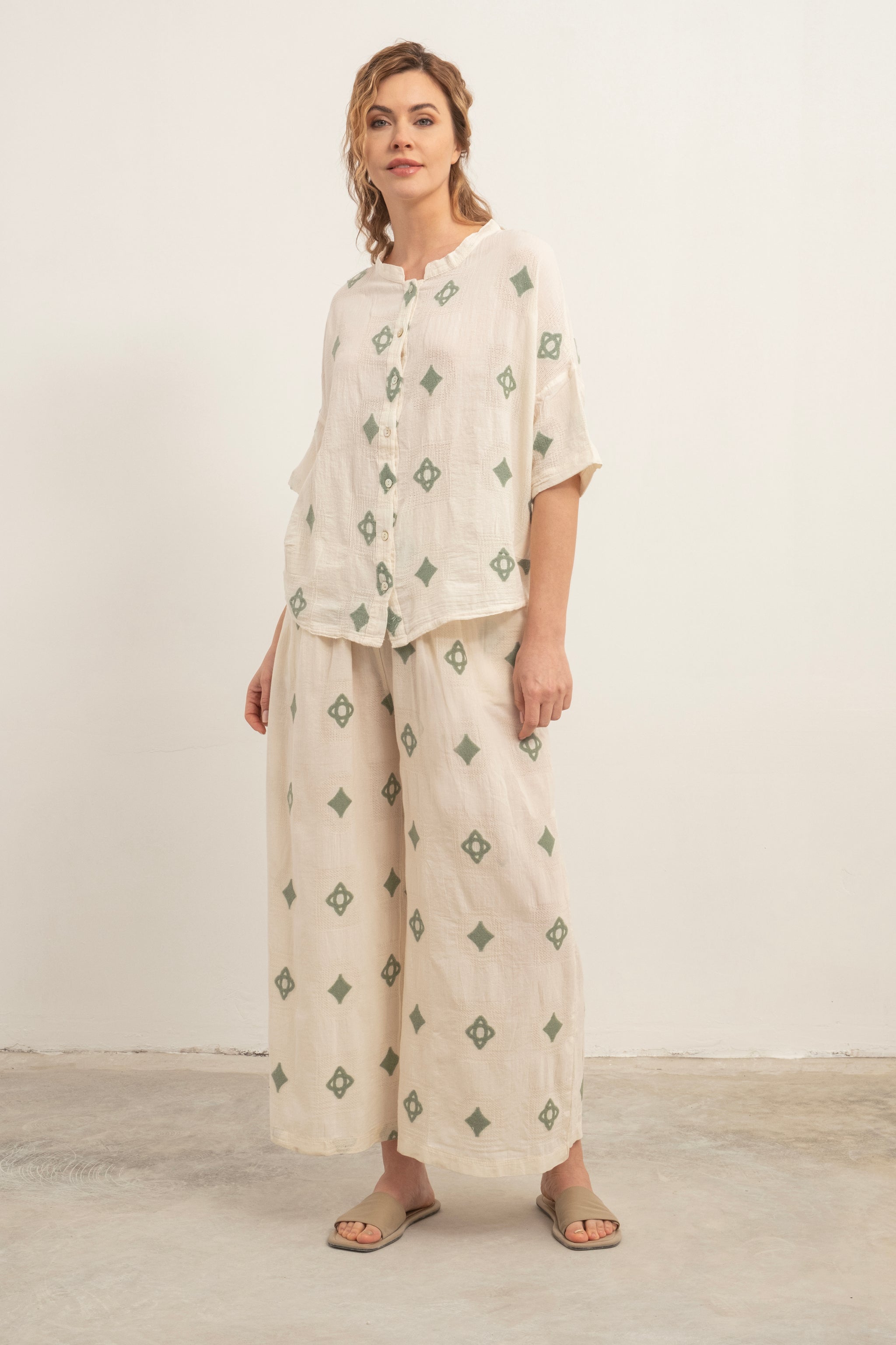 Bordürlü Keten Kadın Pantolon | Jakarlı & Geniş Paça | İpekçi Otantik